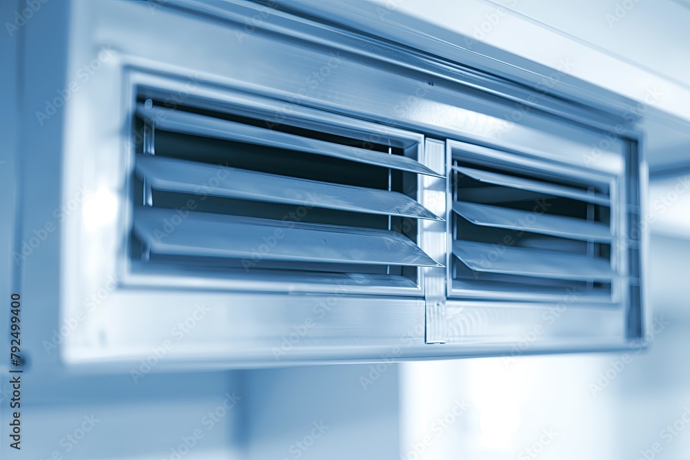 Diffuser. Metal ducts under the ceiling. Ventilation system. Air ducts ...