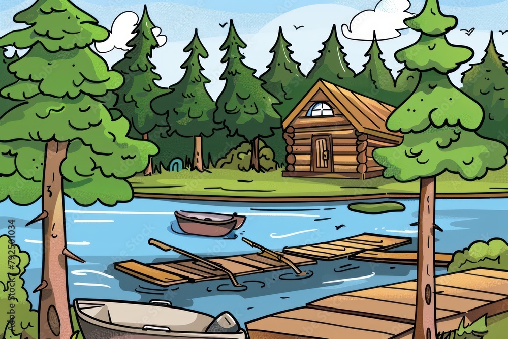 Cartoon cute doodles of a serene lakeside retreat with a wooden dock ...