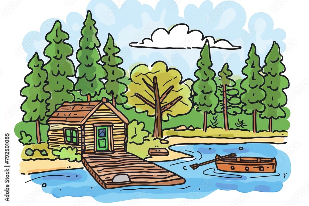 Cartoon cute doodles of a serene lakeside retreat with a wooden dock ...