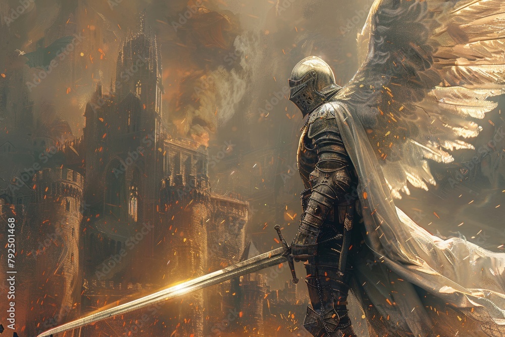 Massive winged knight, sword in hand, castle backdrop, expansive text ...