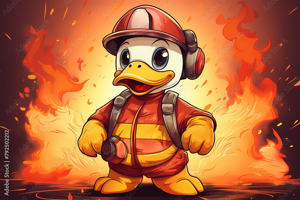 cartoon illustration, a firefighter duck Stock Illustration | Adobe Stock