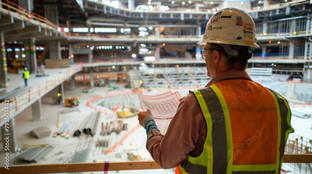 Surrounded by stacks of blueprints and design plans a dedicated project ...