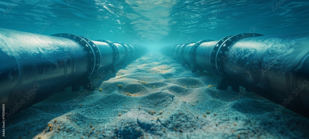 Underwater pipeline. A pair of submerged pipelines running across the ...