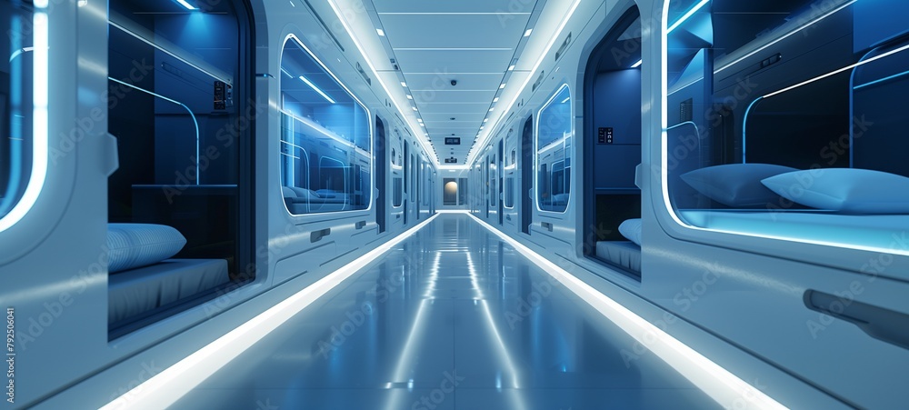 Capsule hotel interior. Futuristic design of a modern capsule hotel ...