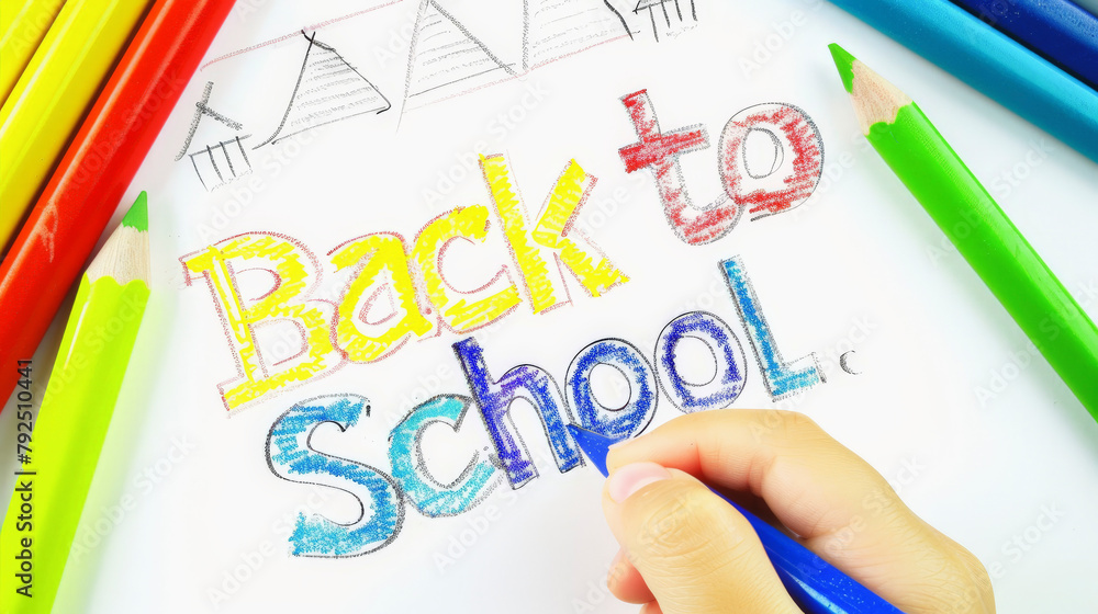 Child's hand drawing "Back to School" with crayons, geometric shapes ...