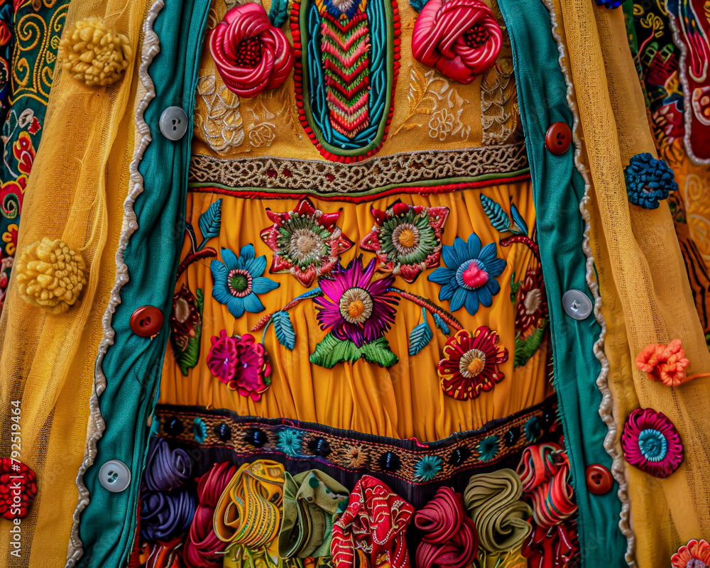 Zoom in on the vibrant colors and textures of traditional clothing or ...