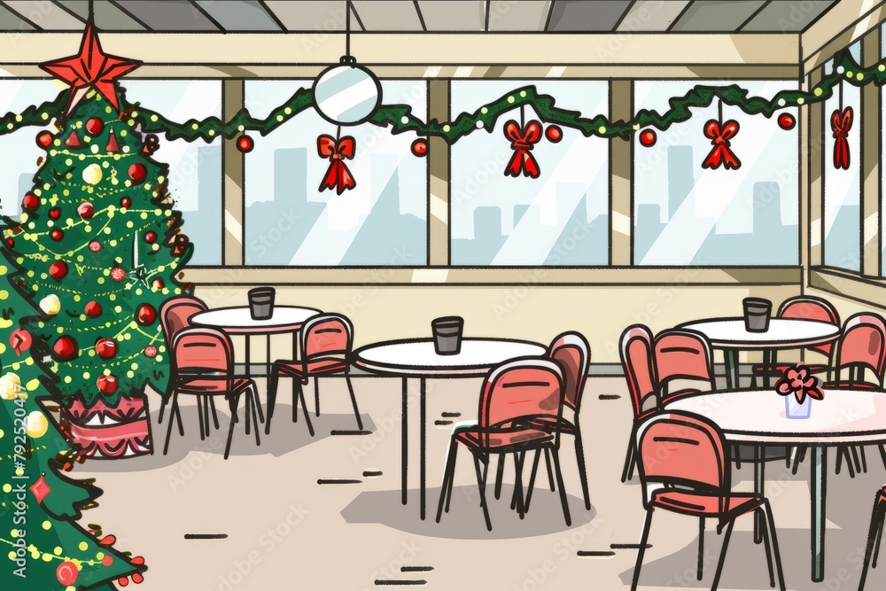 Cartoon cute doodles of an empty cafeteria during a holiday break with ...