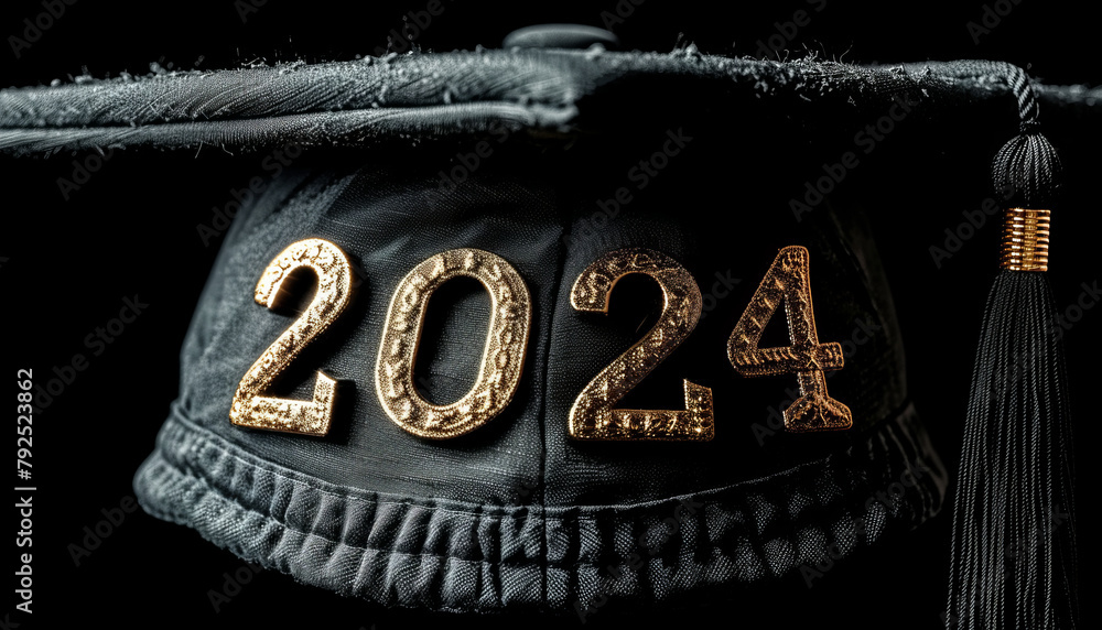 Black graduation hat clipart, with a black tassel that says "2024",gold ...