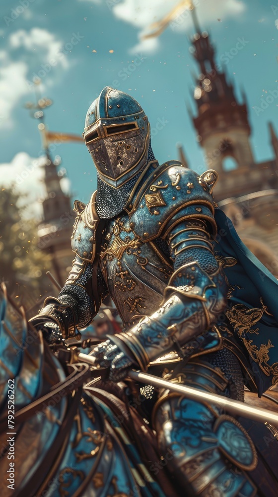 A knight in full plate armor is mounted on a warhorse. The knight is ...