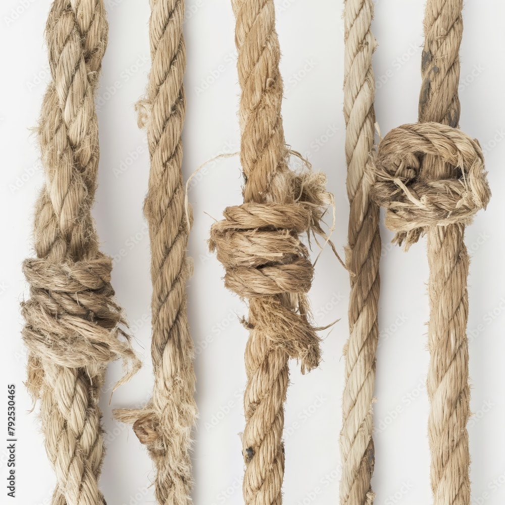 A series of jute ropes showing various stages of fraying against a ...