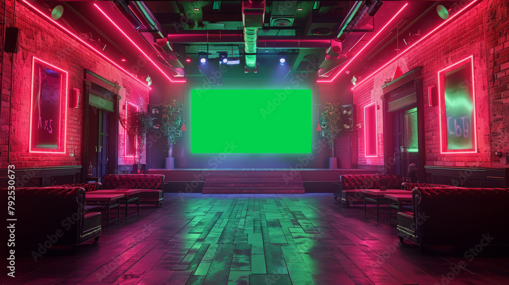 Dynamic club setting with prominent stage and massive green screen ...