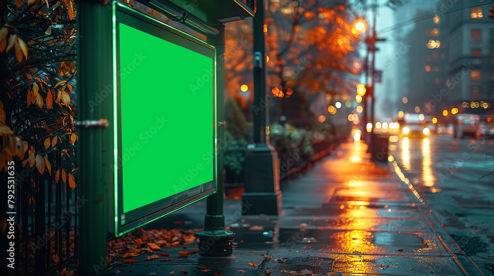 Bus stop in New York city with vertical digital OOH mockup with green ...