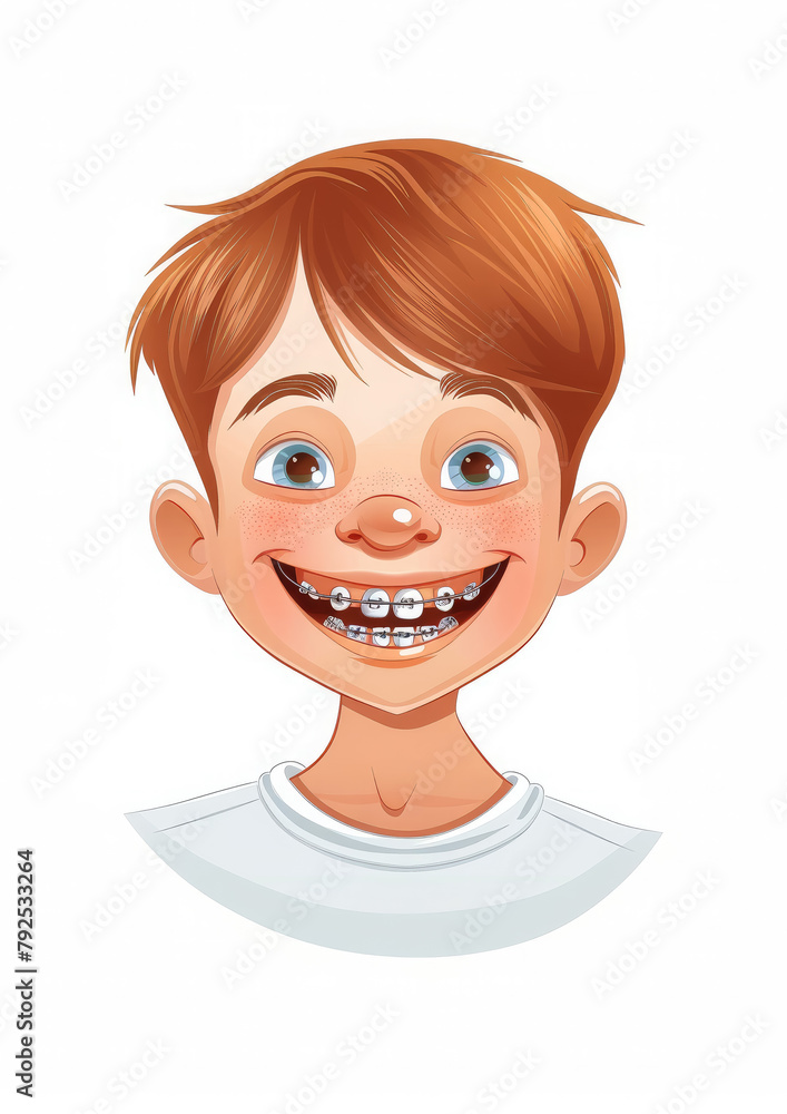 smiling little boy with braces on his teeth on a white background ...