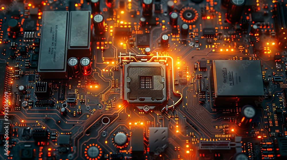 An artistic rendering of a segment of a motherboard magnified under a ...