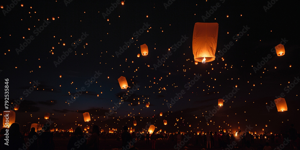 flying chinese lanterns on the dark night sky. Stock Photo | Adobe Stock