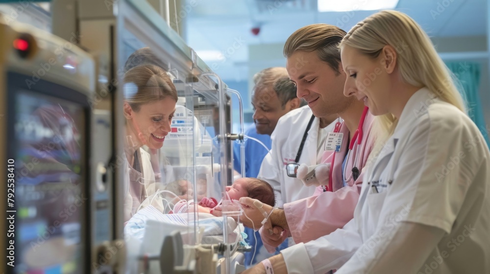 A team of doctors and nurses huddle around a premature baby in an ...