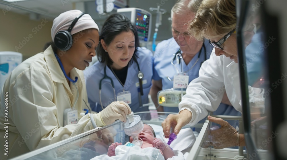 A team of doctors and nurses huddle around a premature baby in an ...