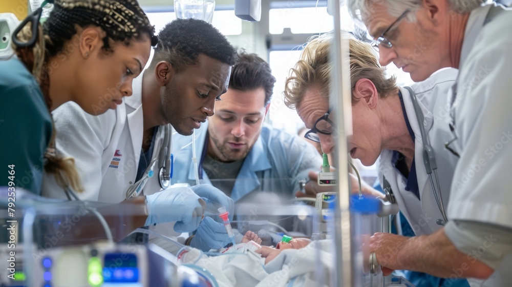 A team of doctors and nurses huddle around a premature baby in an ...