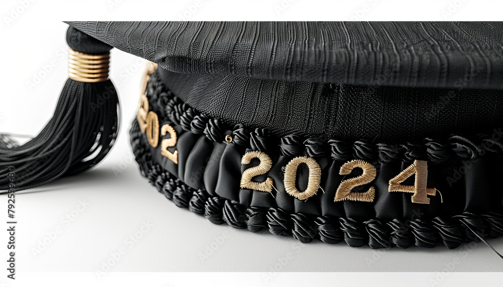 Black graduation hat clipart, with a black tassel that says "2024",gold ...