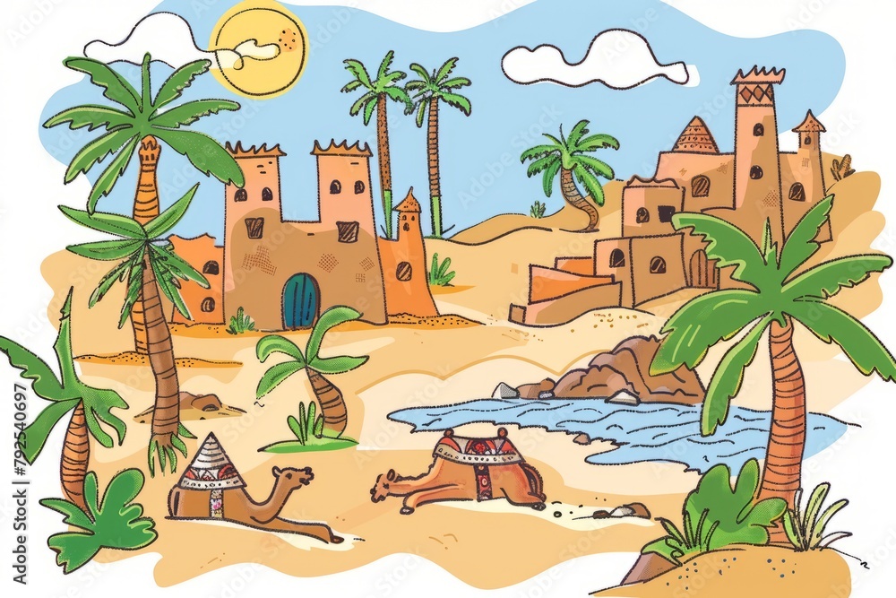 Cartoon cute doodles of a desert oasis with mud-brick houses, palm ...