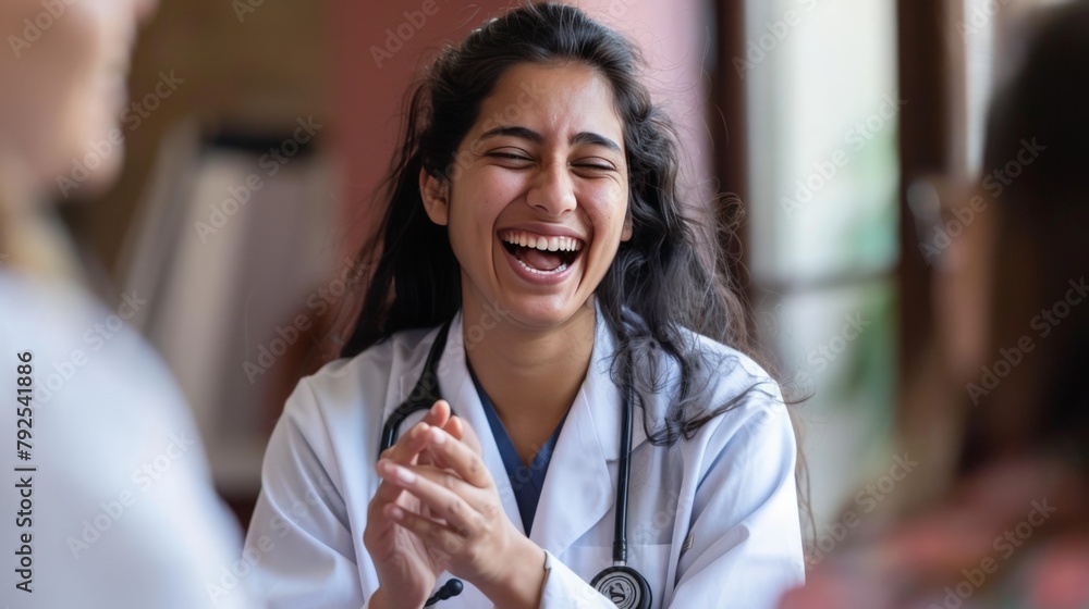 A young South Asian doctor claps her hands in delight, a joyful ...