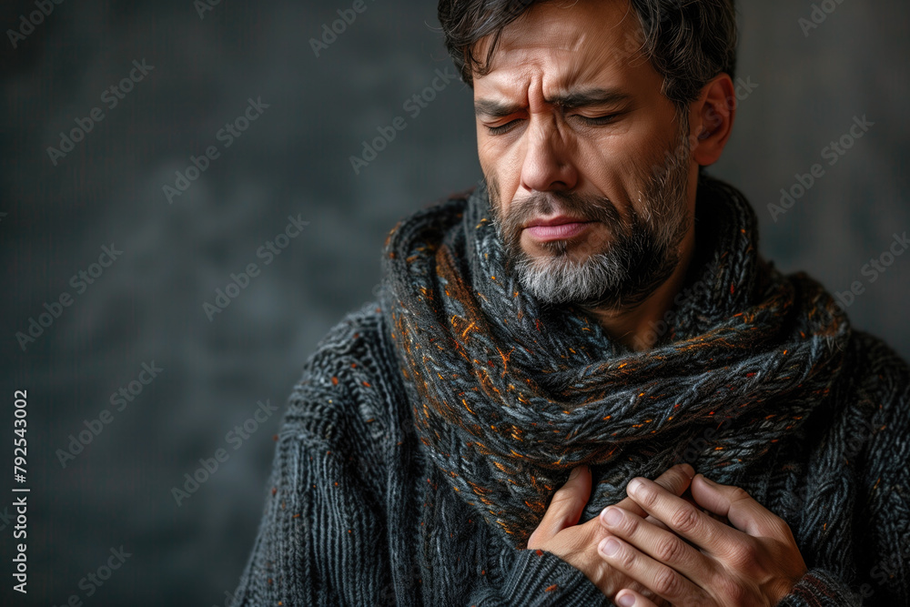 Heart attack, myocardial infarction, headache and migraine, man with ...