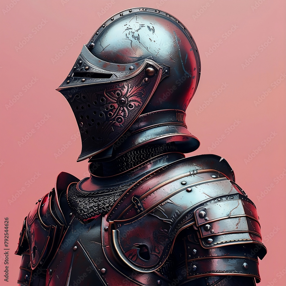 medieval knight helmet and armor in a soft pink background portrait ...