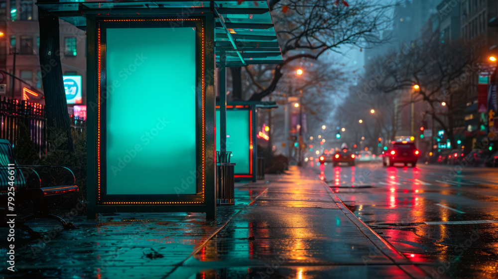 Bus stop in New York city with vertical digital OOH mockup with green ...