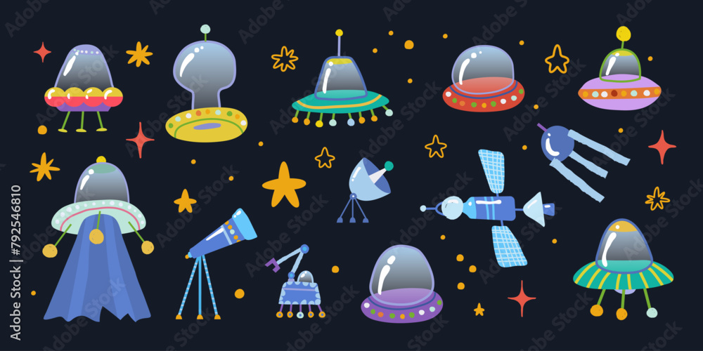 Set of cartoon space flying vehicles: saucers, satellites, telescopes ...