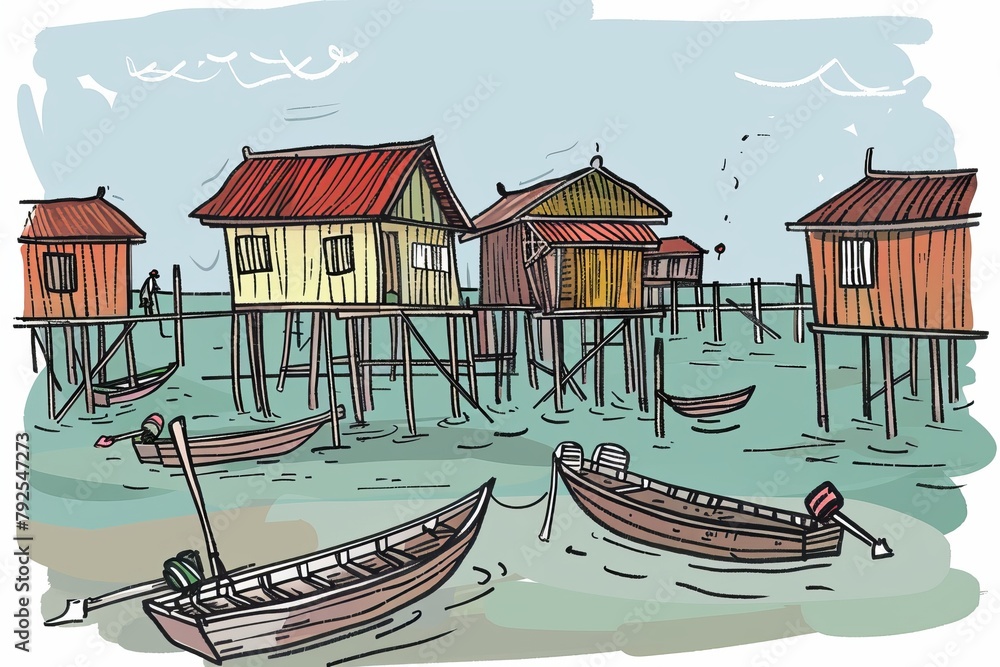Cartoon cute doodles of a floating village with houses built on stilts ...