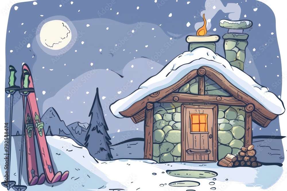 Cartoon cute doodles of a mountain chalet with a snowy roof, a cozy ...