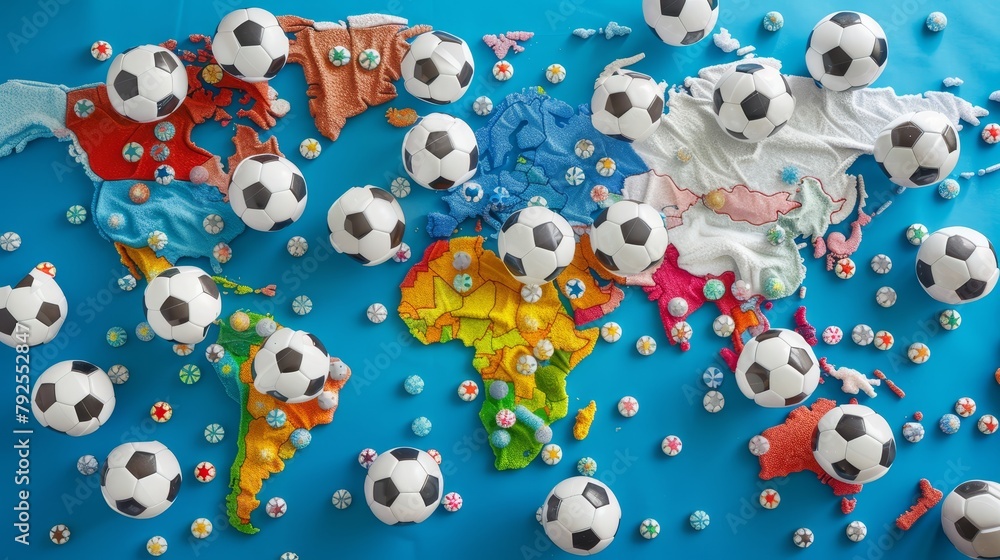 World map made of footballs, highlighting participating countries with ...