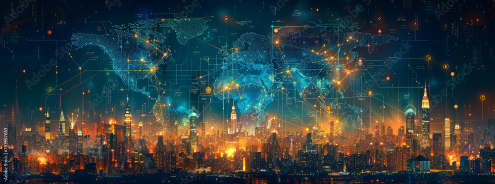 Global Network: Map with connecting lines, screens with landmarks ...