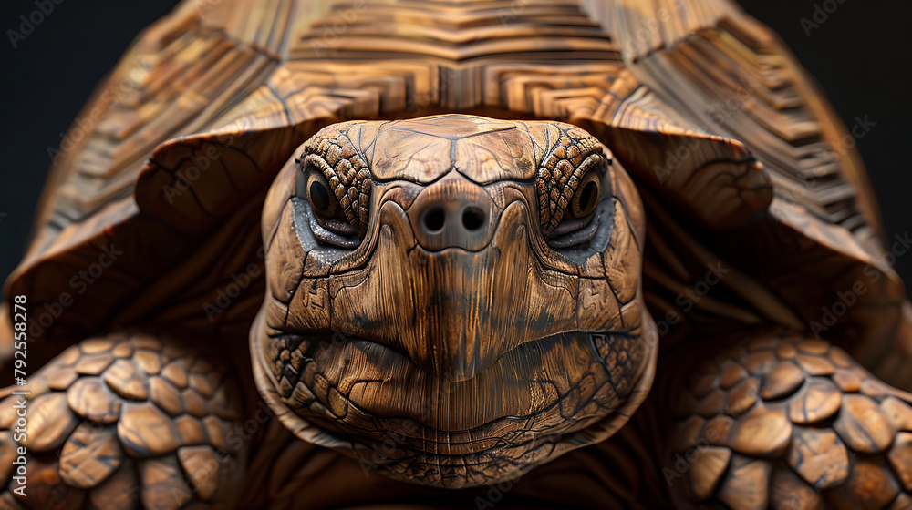 Direct frontal view of a tortoise with detailed shell patterns and ...