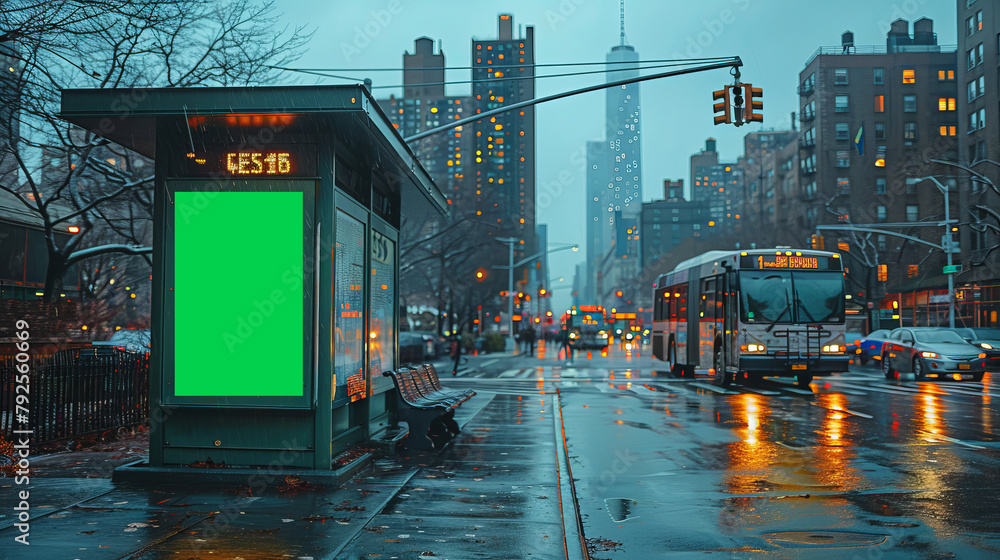 Bus stop in New York city with vertical digital OOH mockup with green ...