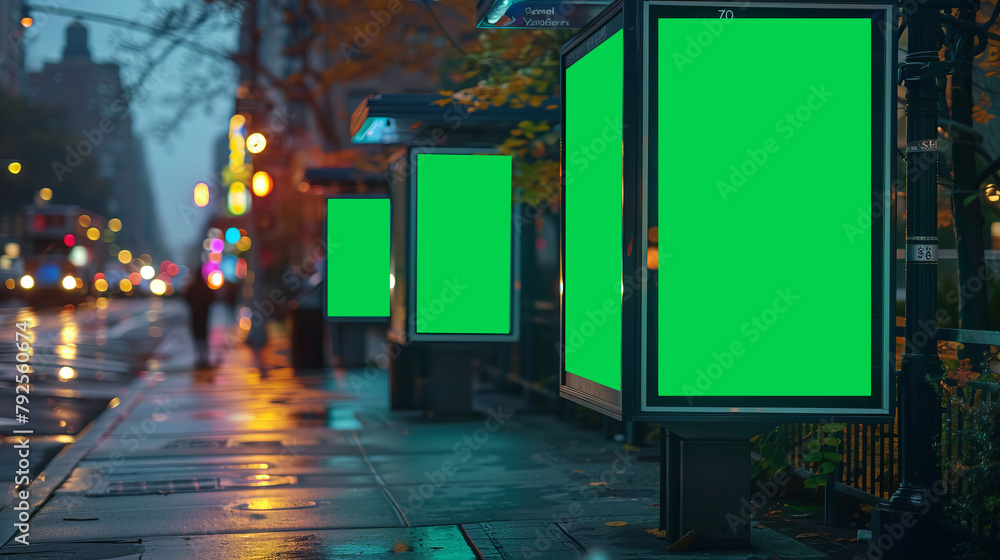 Bus stop in New York city with vertical digital OOH mockup with green ...