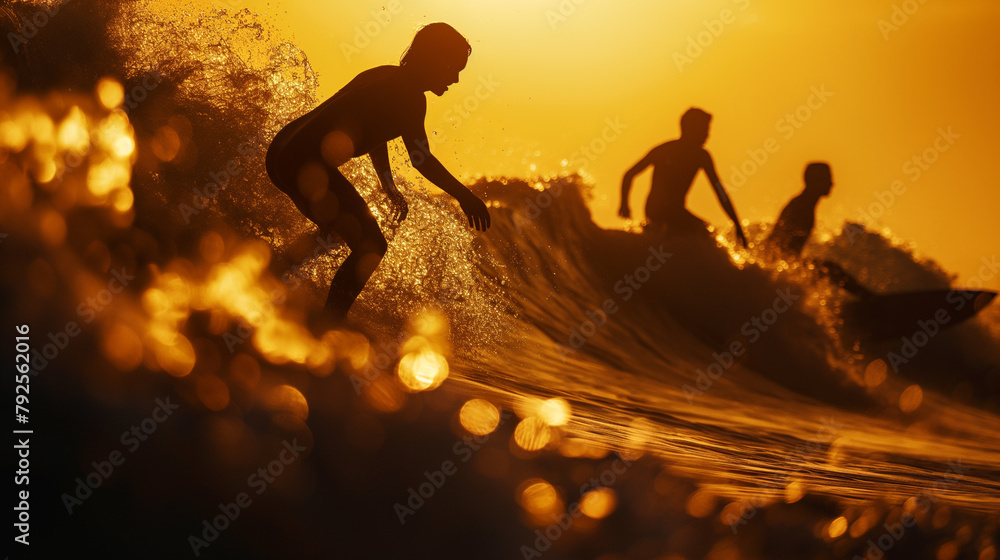 As the sun sets, two young surfers glide effortlessly on the waves, the ...