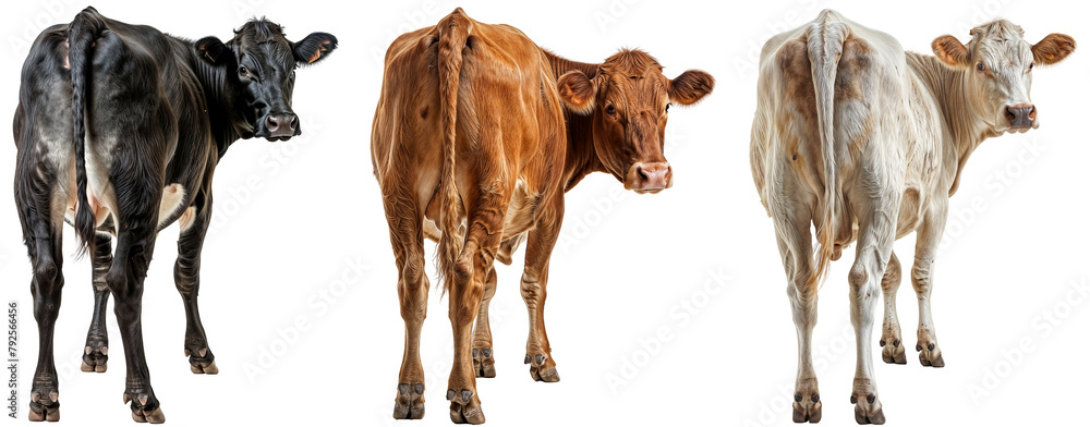 View from behind of three cows in different colours (black, brown and ...