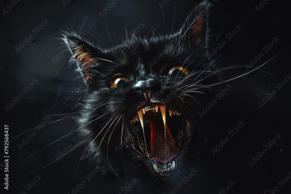 A black cat with its mouth open and teeth bared. The cat's eyes are ...