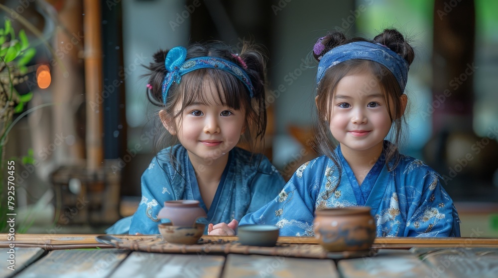 Cute little Asian Chinese girl in a traditional dress with tea ceremony ...