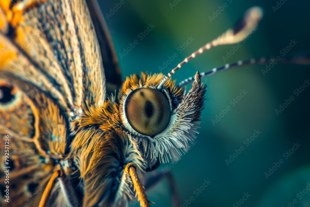 A close up of a butterfly's face with its eyes open. The butterfly is ...