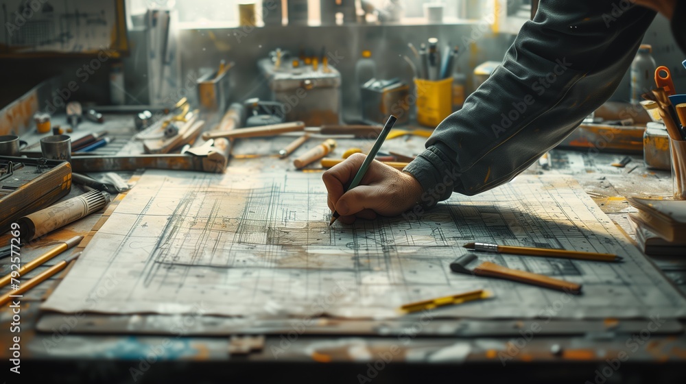 An architect's hand sketches fluid lines on a blueprint, surrounded by ...