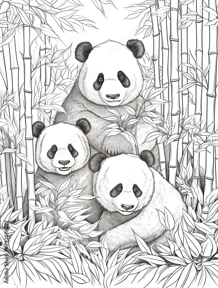 대나무숲의 판다 가족, 컬러링 북, family of pandas, coloring book, simple line art ...