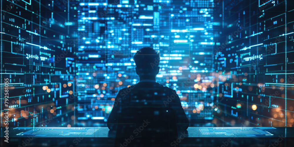 Person silhouette against glowing digital backdrop. Male standing on a flow of data showing ...