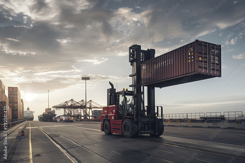 industrial photograph featuring a forklift in action, lifting a ...