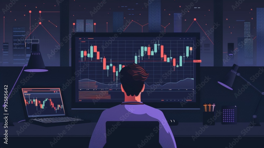 Red candlestick graphics, young man trading in front of computer with ...