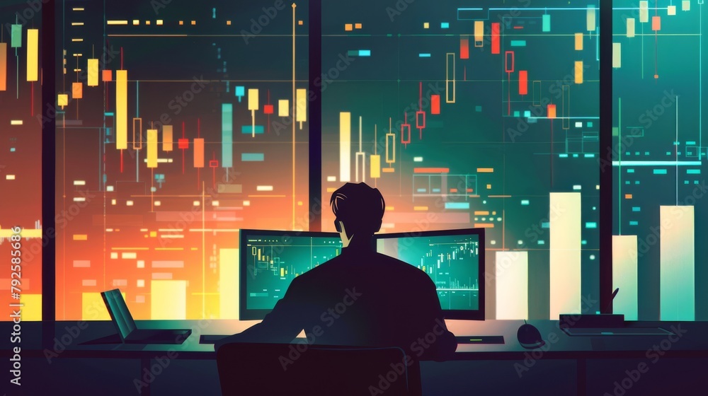 Red candlestick graphics, young man trading in front of computer with ...