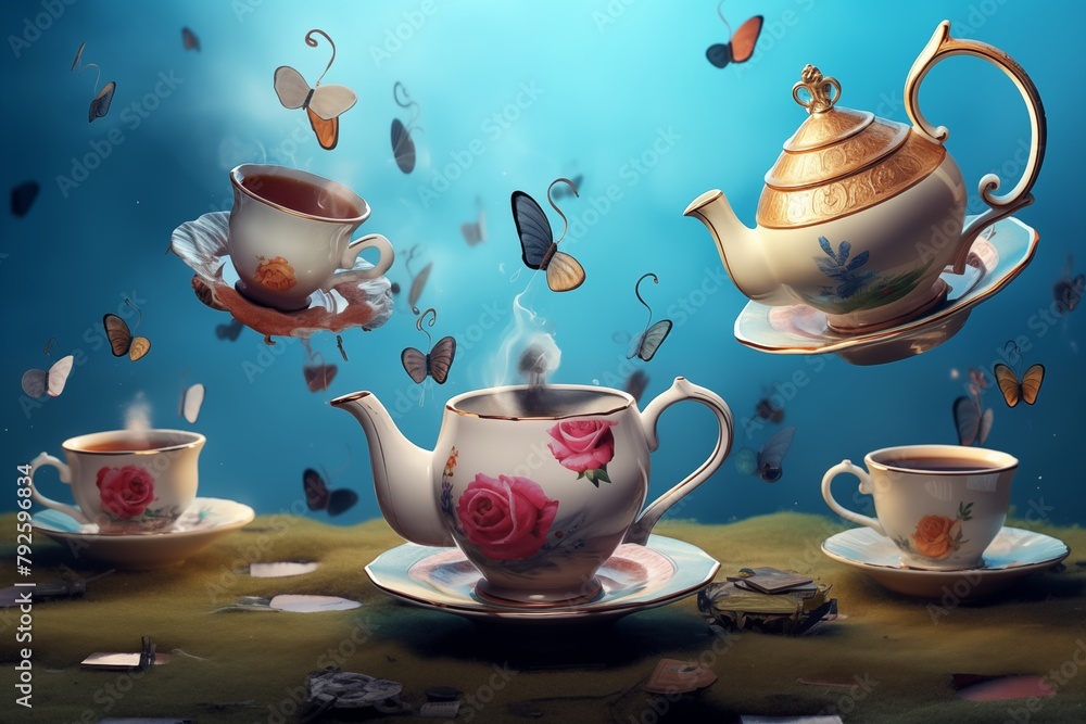 scene from Alice in Wonderland with flying teapots and cups. Tea ...