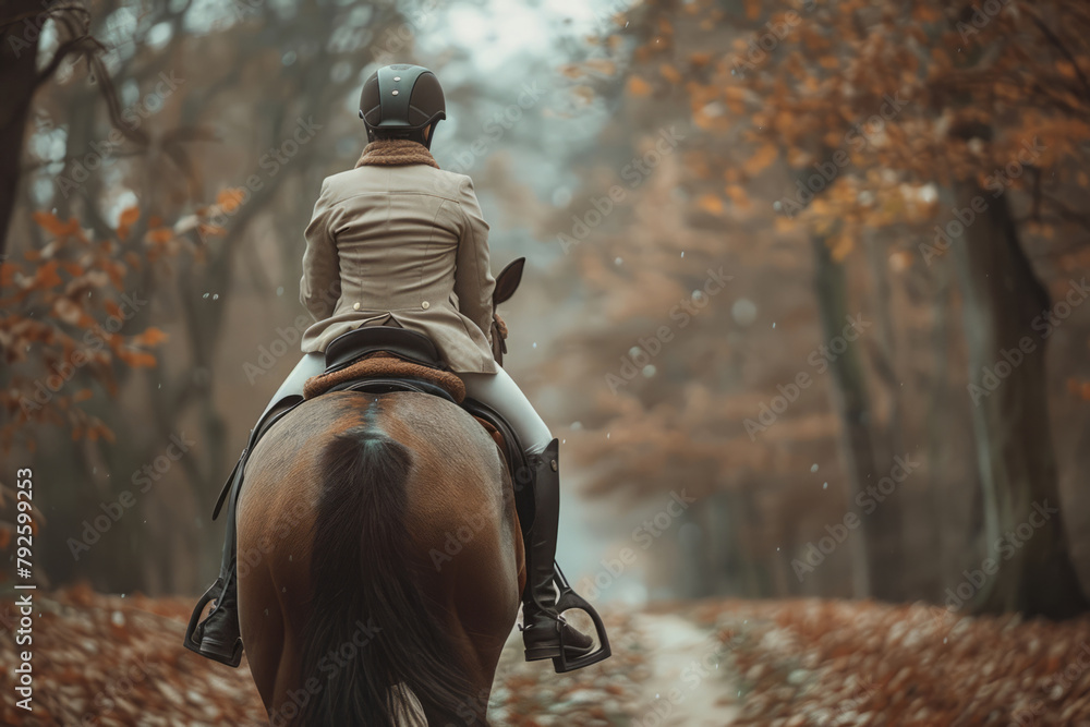 Person rides horse across autumn field, back view. Horseback riding in ...