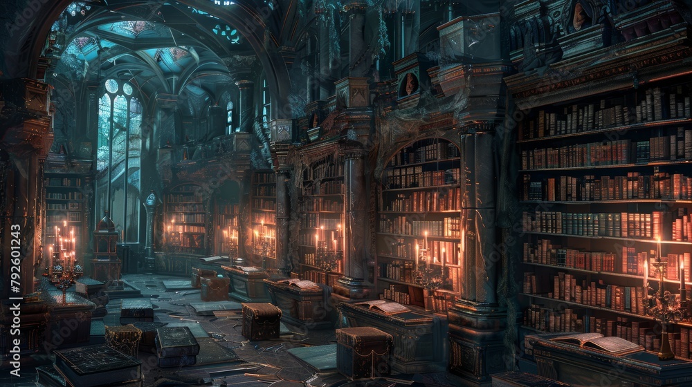 Glimmering arcane library within a wizard's fortress, full of ancient ...